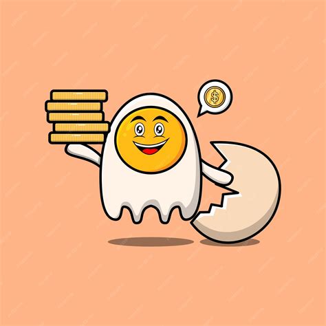 누적된 금화 벡터 일러스트 레이 션에 들고 귀여운 만화 튀긴 계란 캐릭터 프리미엄 벡터