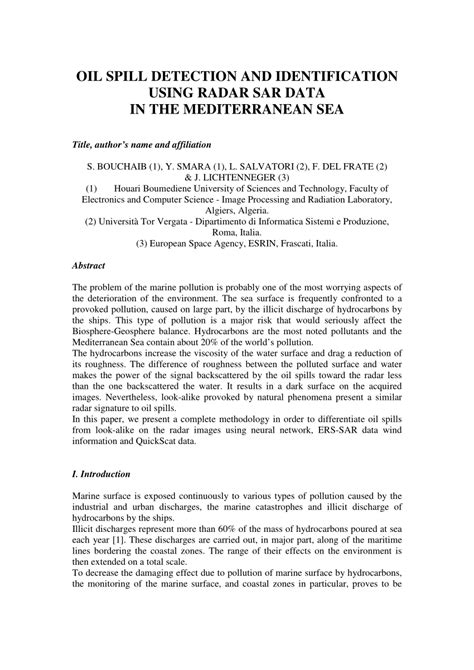 Pdf Oil Spill Detection And Identification Using Radar Sar Data In The Mediterranean Sea