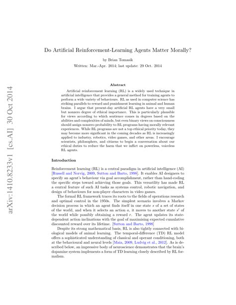 Pdf Do Artificial Reinforcement Learning Agents Matter Morally