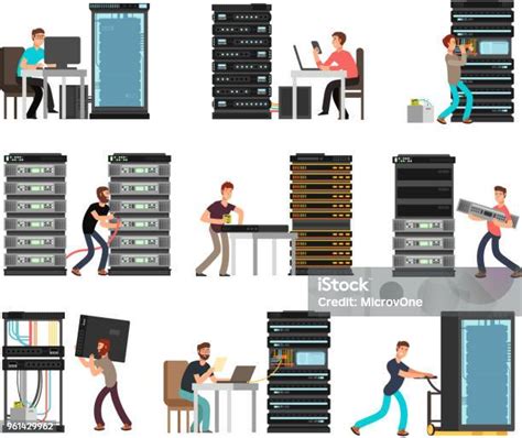 남자 엔지니어 서버 룸에서 일 하는 기술자입니다 디지털 컴퓨터 센터 지원 데이터 저장입니다 벡터 만화 캐릭터 격리 설정 네트워크