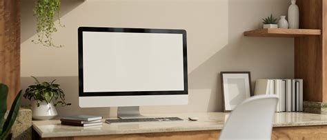 테이블에 흰색 Pc 데스크톱 컴퓨터 모형이있는 현대적이고 편안한 작업 공간 0명에 대한 스톡 사진 및 기타 이미지 0명 3차원 형태 공란 Istock