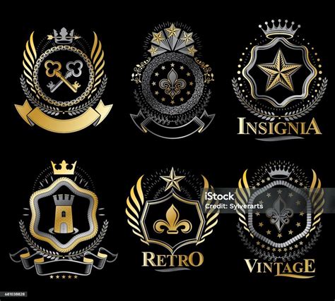 벡터 요소의 빈티지 복고풍 디자인 양식에 일치 시키는 문장 레이블 설정 합니다 상징적인 그림 컬렉션 중세 요새 군주 크라운 십자가와 병기로 구성 경호에 대한 스톡 벡터 아트