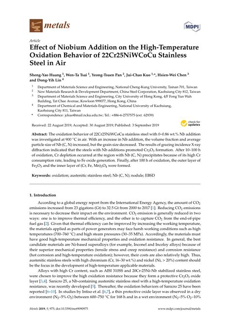 Pdf Effect Of Niobium Addition On The High Temperature Oxidation Behavior Of 22cr25niwcocu