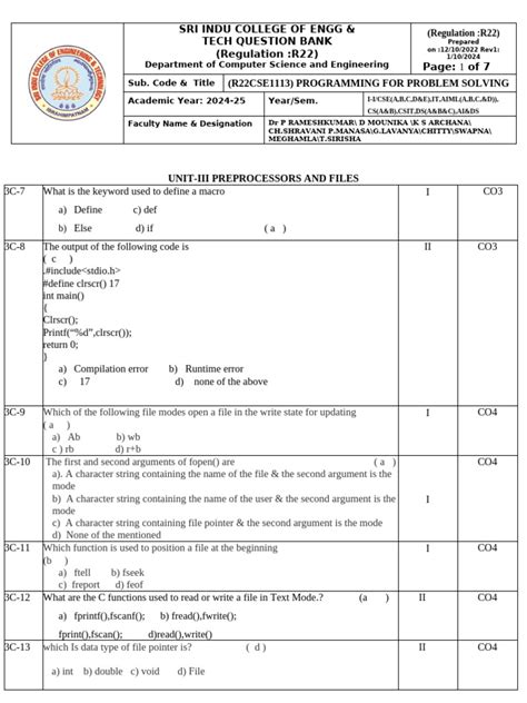 Cse Pps Question Bank 24 25 For Mid2 Pdf Time Complexity Parameter Computer Programming