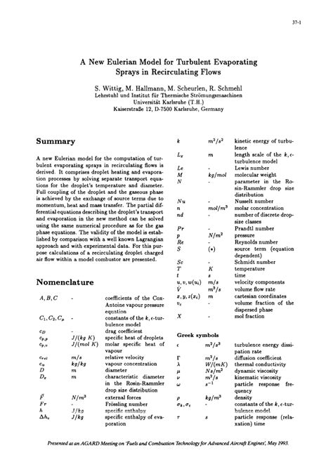 Pdf A New Eulerian Model For Turbulent Evaporating Sprays In Recirculating Flows
