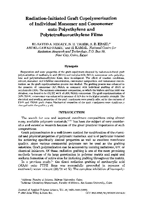 Pdf Radiation Initiated Graft Copolymerization Of Individual Monomer And Comonomer Onto