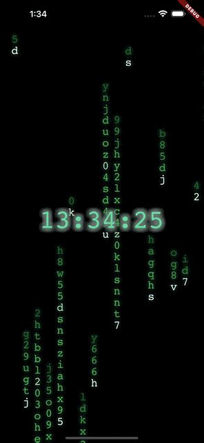 最近抽空用 Flutter 練習動畫，創作了一個駭客任務風格的瀑布流時鐘，效果在 Iphone、ipad 和 Mac 上都還不錯！這次也運用了 Ai 的輔助，迅速實現了第一個版本，後續再微調