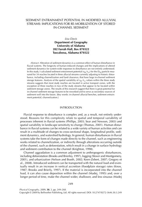 Pdf Sediment Entrainment Potential In Modified Alluvial Streams