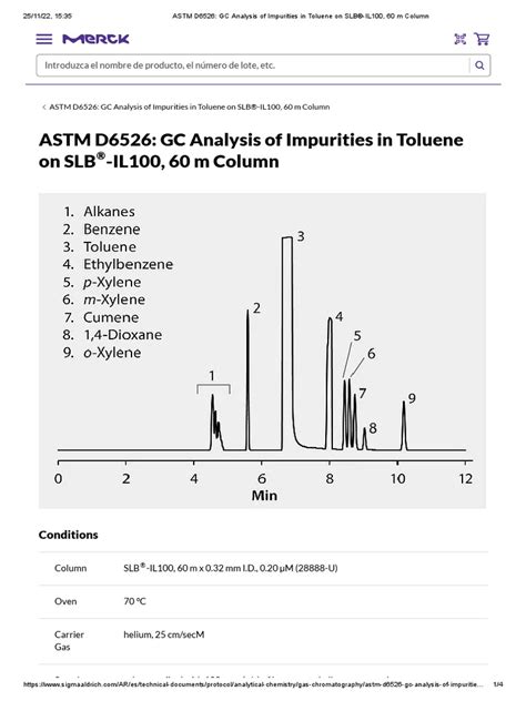 Astm D6526 Gc Analysis Of Impurities In Toluene On Slb® Il100 60 M Column Pdf Chemical