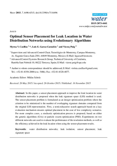 Pdf Optimal Sensor Placement For Leak Location In Water Distribution