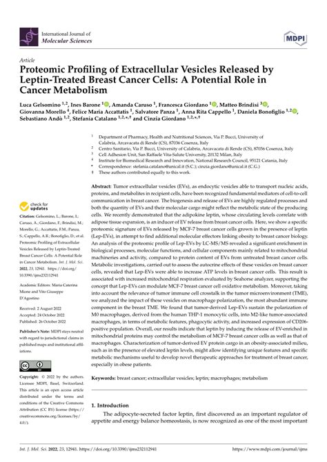 Pdf Proteomic Profiling Of Extracellular Vesicles Released By Leptin
