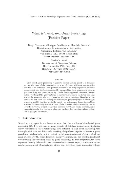 Pdf What Is View Based Query Rewritingposition Paper