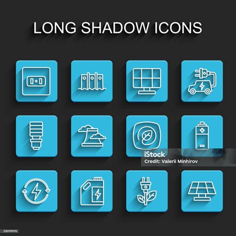 라인 충전 에코 연료 용기 전기 콘센트 저장 플러그 리프 태양 에너지 패널 원자력 발전소 배터리 및 아이콘이있는 위치를