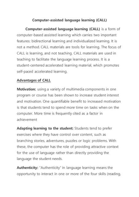 Computer Assisted Language Learning Call Docx Education