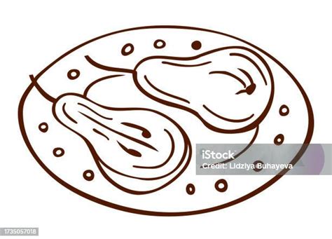 흰색 바탕에 윤곽선 스타일의 접시에 손으로 그린 배 벡터 그림입니다 가을 메뉴 색칠하기 책 카드 인쇄물에 적합합니다 10월에 대한 스톡 벡터 아트 및 기타 이미지 Istock