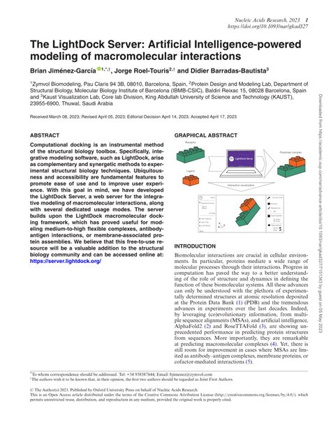 Pdf The Lightdock Server Artificial Intelligence Powered Modeling Of Macromolecular Interactions