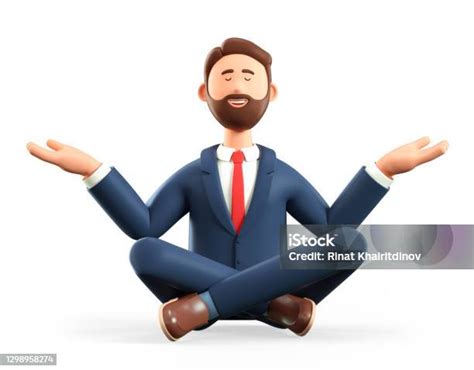 바닥에 앉아 명상 남자의 3d 그림 흰색에 고립 된 요가 연꽃 위치에 만화 미소 사업가 3차원 형태에 대한 스톡 사진 및 기타