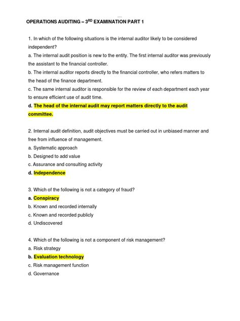 Operations Auditing 3rd Examination Part 1 4 Pdf Internal Audit Audit