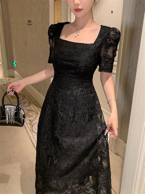 Summer Solid Color Square Neck Short Sleeve Dress With Gentle Style