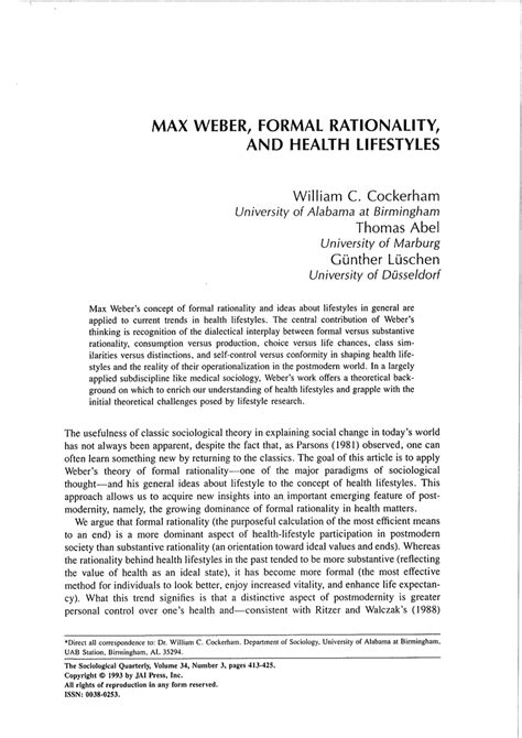 Pdf Max Weber Formal Rationality And Health Lifestyles