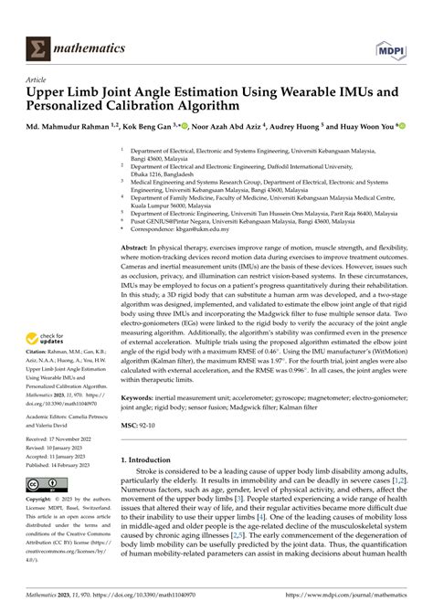 pdf upper limb joint angle estimation using wearable imus and