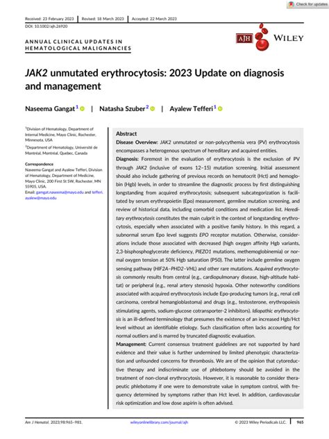 American J Hematol 2023 Gangat Jak2 Unmutated Erythrocytosis 2023