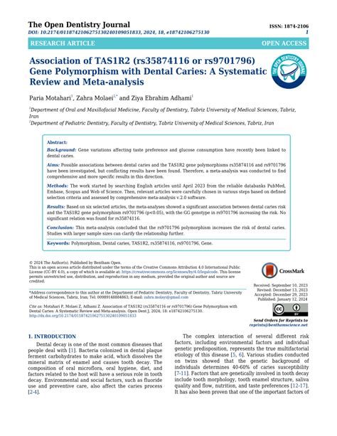 Pdf Association Of Tas1r2 Rs35874116 Or Rs9701796 Gene Polymorphism With Dental Caries A