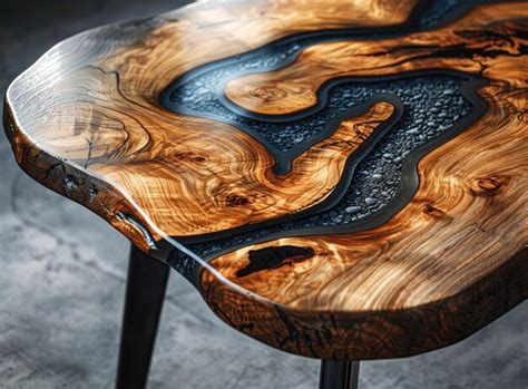 Wooden Table With Black Resin Inlay Premium Ai Generated Image