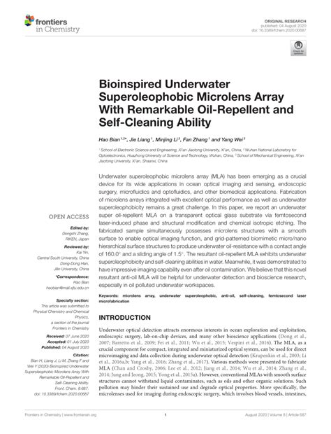 Pdf Bioinspired Underwater Superoleophobic Microlens Array With Remarkable Oil Repellent And