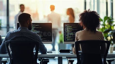Two Software Testers African American Young Man And Woman Working In Office With Computer Coding