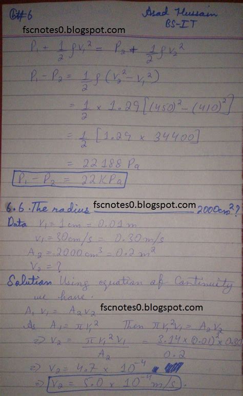 F Sc ICS Notes Physics XI Chapter Fluid Dynamics Numerical Problems