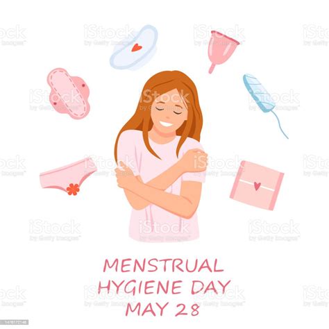 생리 위생의 날 기간 개념입니다 여성을위한 다양한 제품 친밀한 위생 만화 현대 평면 벡터 일러스트 레이 션 0에 대한 스톡 벡터
