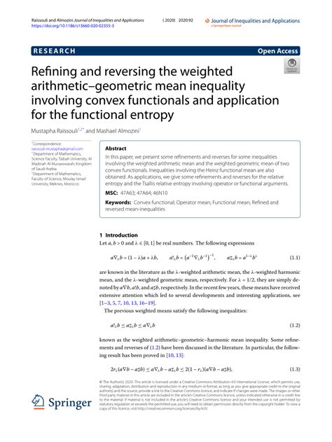 Pdf Refining And Reversing The Weighted Arithmeticgeometric Mean Inequality Involving Convex