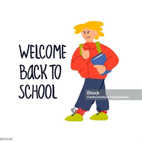 학교 벡터 배너 일러스트로 다시 오신 것을 환영합니다 책 일러스트와 손 글자를 가진 남학생 Welcome Back Phrase에 대한 스톡 벡터 아트 및 기타 이미지