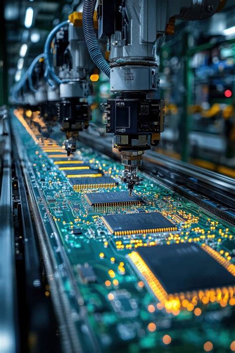 Robotic Arms Assembling Circuit Boards In Clean High Tech Factory Environment Stock Image