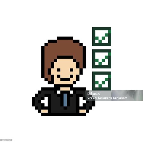 만화 귀여운 픽셀 만화 8 비트 캐릭터 비즈니스 맨 스마트 작업 체크 목록 피드백 장식 비즈니스 8 비트 남성 사업가 사무 작업
