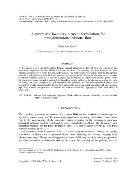 Pdf A Promising Boundary Element Formulation For Three Dimensional Viscous Flow