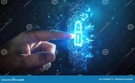 Finger Touching A Blue Glowing Security Lock Symbol Created With Generative Ai Stock