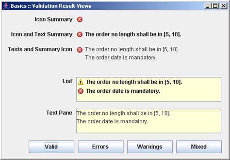 different validation result views data validation swing components