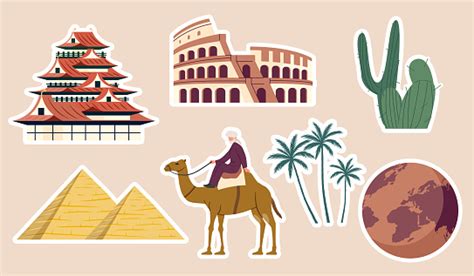 여행 스티커 컬렉션 선인장 낙타의 베두인 이집트 피라미드 및 로마 콜로세움 휴일과 휴가 여행 여행 및 관광 플랫 벡터 세트 공휴일에 대한 스톡 벡터 아트 및 기타 이미지
