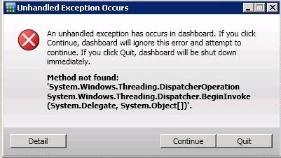 Dashboard Shows An Unhandled Exception Alert Upon Launch