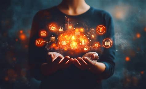 Digital Data Visualization Concept With Glowing Graphs And Icons In Hands Stock Illustration