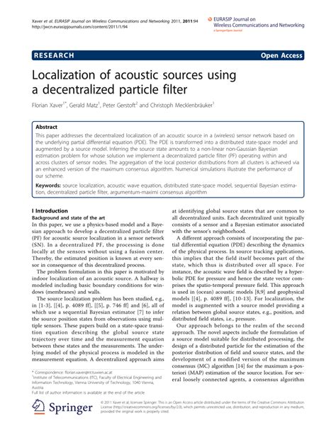 Pdf Localization Of Acoustic Sources Using A Decentralized Particle Filter