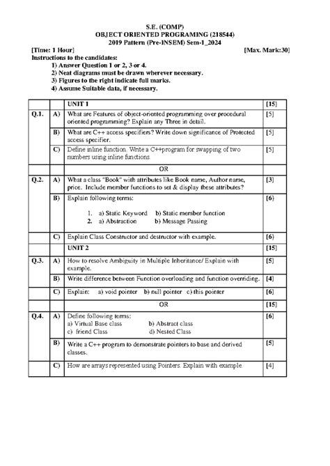 Oop Pre Insem Qp By Vsm Question Paper S Comp Object Oriented