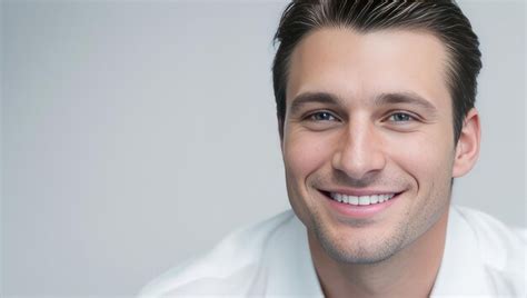 Portrait Beautiful Model Man With White Teeth Smile On Grey Background