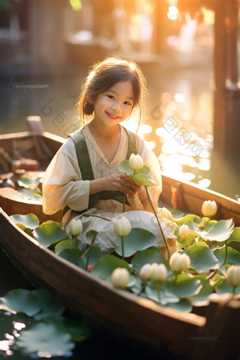 坐在小船上的女孩荷花采摘图片 包图网