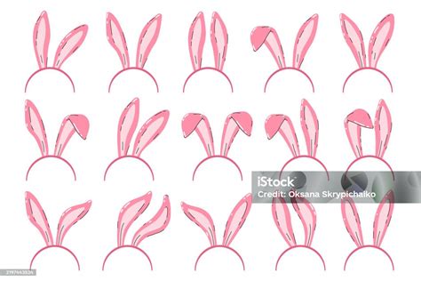 귀여운 토끼 귀 세트입니다 분홍색 부활절 토끼 귀가 있는 머리띠 다양한 부활절 마스크 헤어 후프 의상 속성 고립 된 벡터 일러스트레이션 개인 장식품에 대한 스톡 벡터 아트