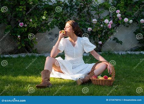Sexy Sensual Seductive Young Woman With Tasty Apple Sensual Woman