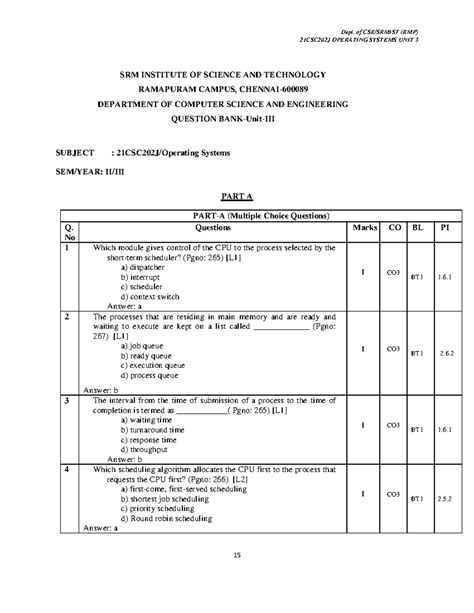 Os Unit 3 Qb Assessment 21csc202j Operating Systems Unit 3 Srm