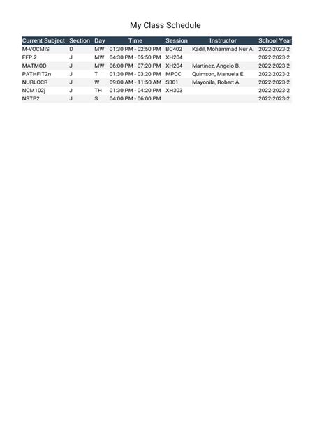 My Class Schedule Pdf
